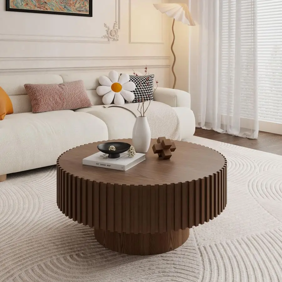 Walnut Round Coffee Table Wood, Modern Fluted Coffee Table for Living ...