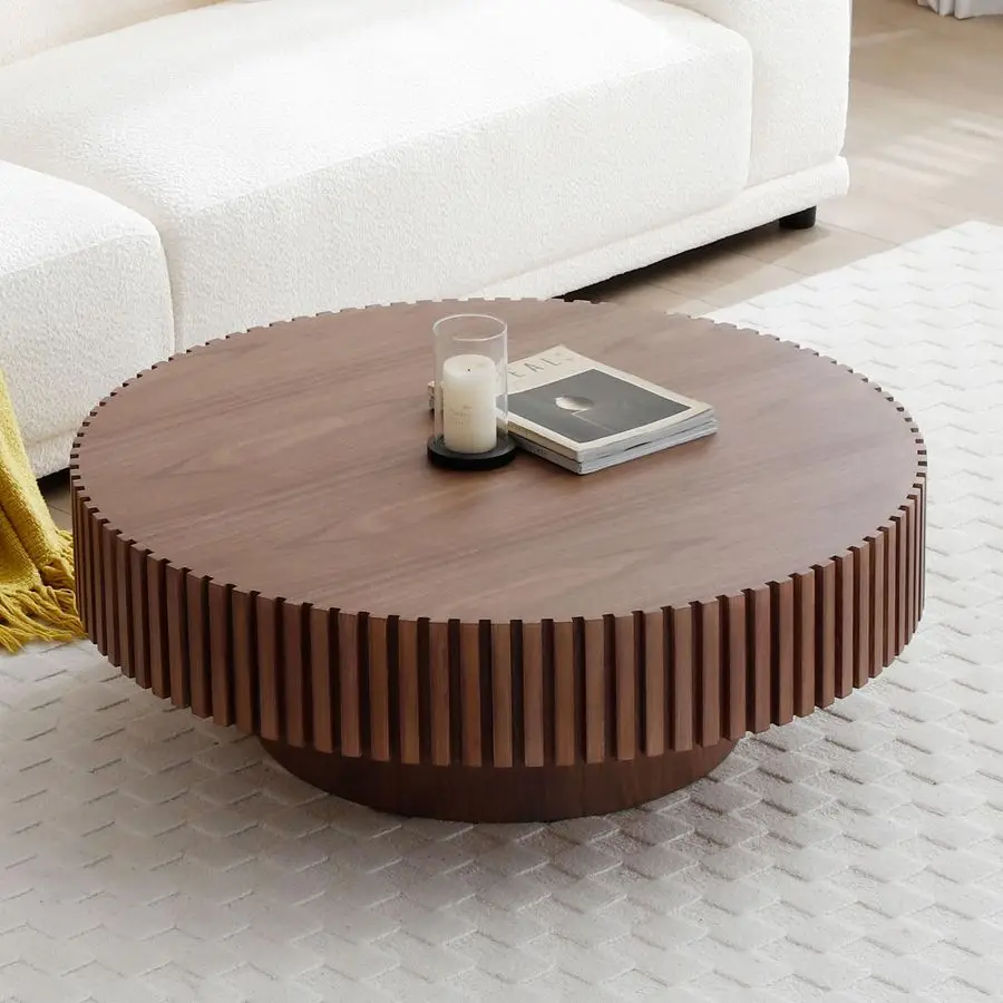 Walnut Round Coffee Table Wood, Modern Fluted Coffee Table for Living ...