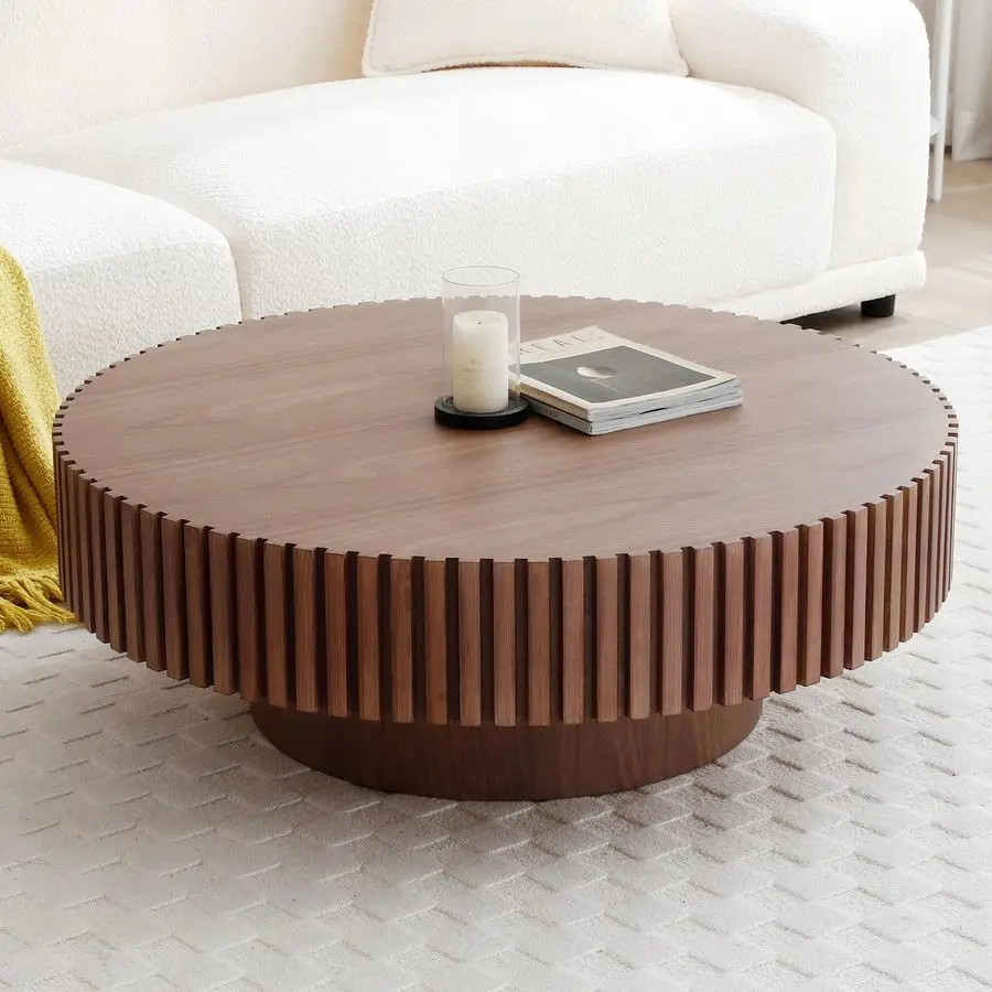 Walnut Round Coffee Table Wood, Modern Fluted Coffee Table for Living ...