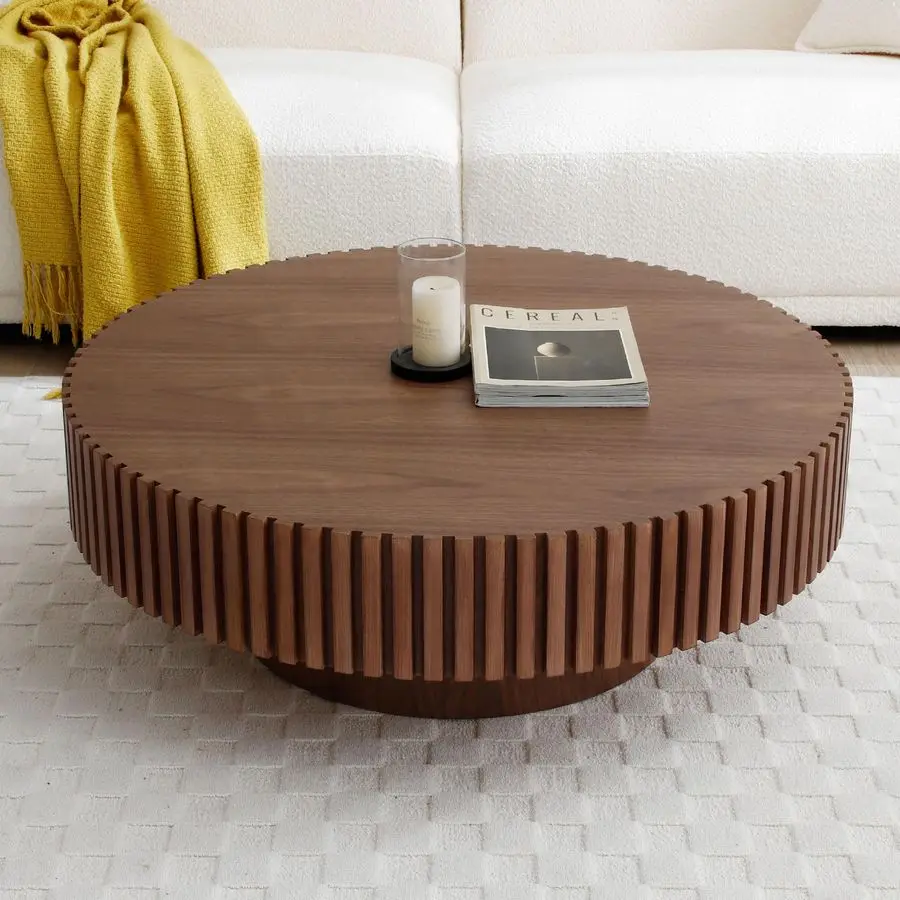 Walnut Round Coffee Table Wood, Modern Fluted Coffee Table for Living ...